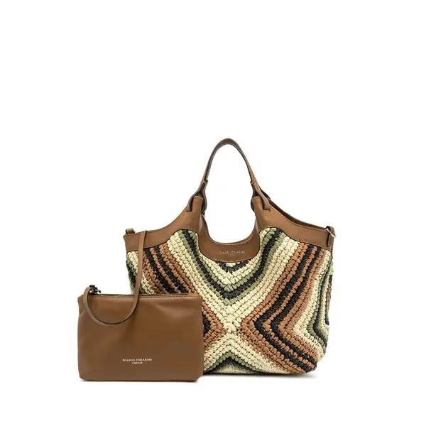 GIANNI CHIARINI Woven Leather Trim Tote Bag With Pouch