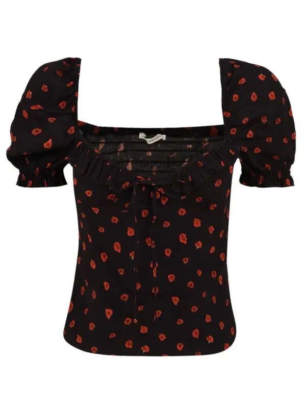 MAR DE MARGARITAS Floral Print Puff Sleeve Top - Rose Nero