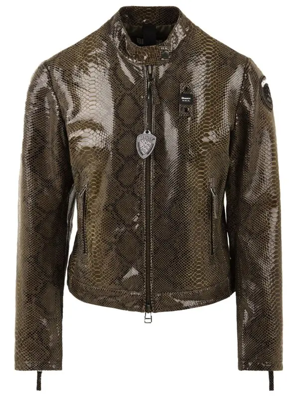 BLAUER. Biker Jacket With Python Print - Green