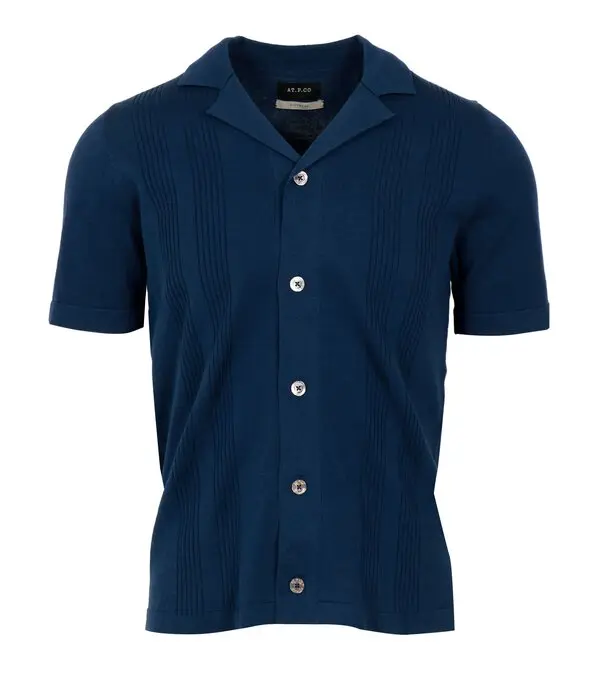 AT.P.CO Ribbed Knit Bowling Collar Short Sleeve Button-up Shirt