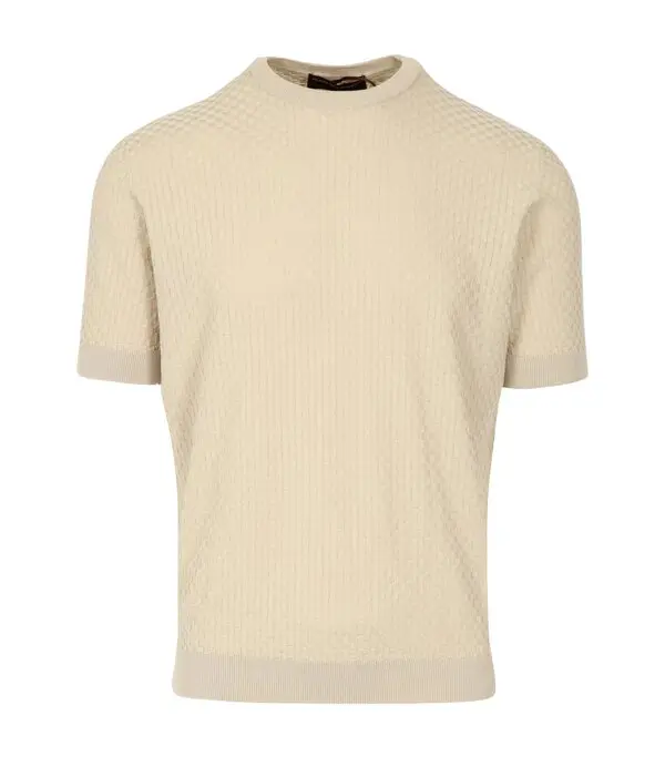 FILIPPO DE LAURENTIIS Cotton Textured Crew Neck Short Sleeve Top - Ecru