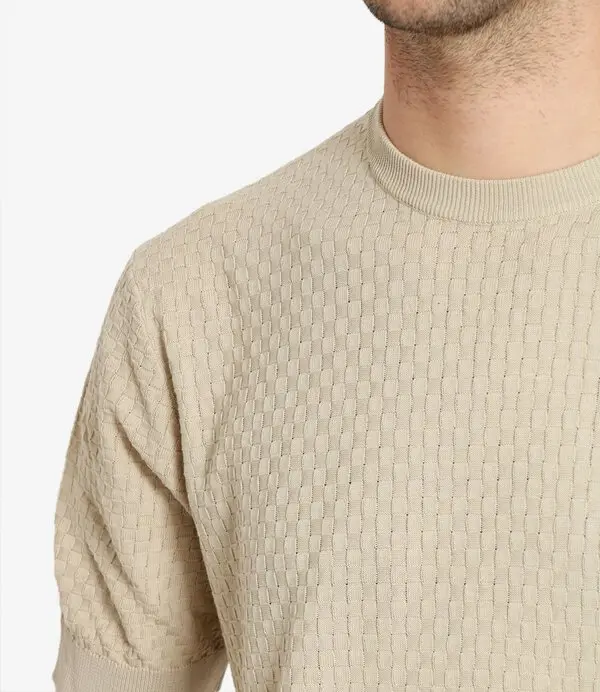 FILIPPO DE LAURENTIIS Cotton Textured Crew Neck Short Sleeve Top - Ecru