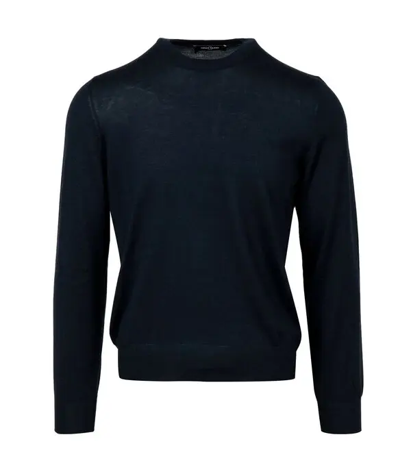 GRAN SASSO Virgin Wool, Cashmere And Silk Blend Ribbed Crew Neck Long Sleeve Sweater - Dark Blue