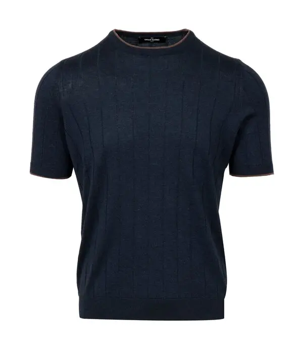 GRAN SASSO Silk Short Sleeve Knit With Vertical Weave - Blue+brown