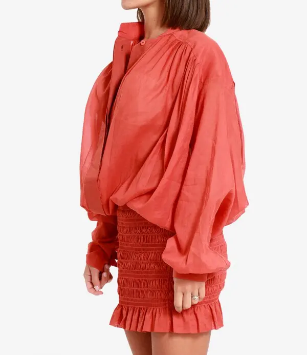 Andamane Cotton Muslin Oversize Shirt Dress With Mandarin Collar And Ruffle Trim