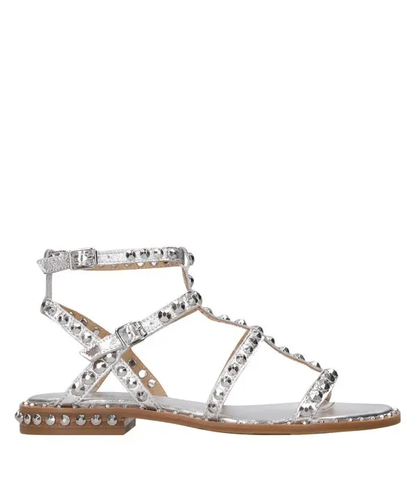 Ash Leather Studded Ankle Strap Sandals - Silver