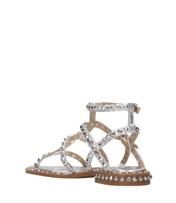 Ash Leather Studded Ankle Strap Sandals - Silver