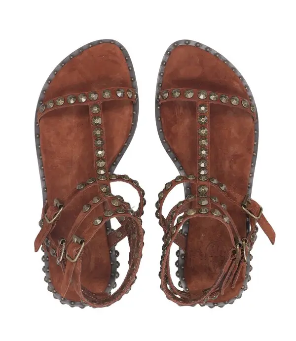 Ash Embellished Suede Gladiator Sandals With Buckled Ankle Straps - Clay