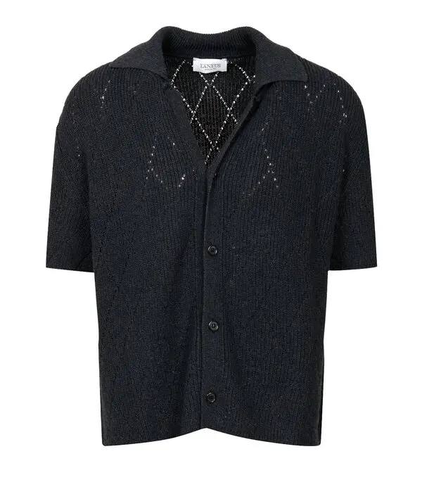 LANEUS Cotton Openwork Knit V-neck Short Sleeve Shirt - Black