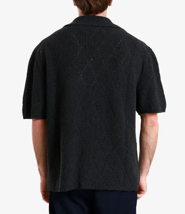 LANEUS Cotton Openwork Knit V-neck Short Sleeve Shirt - Black