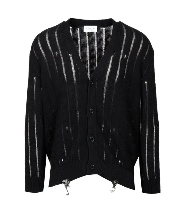 LANEUS Organic Cotton V-neck Cardigan With Vertical Ribbed Motif And Openwork Detail - Black