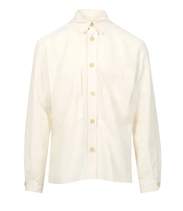 LANEUS Oversize Fit Linen Blend Shirt With Classic Pointed Collar And Patch Pockets - Cream
