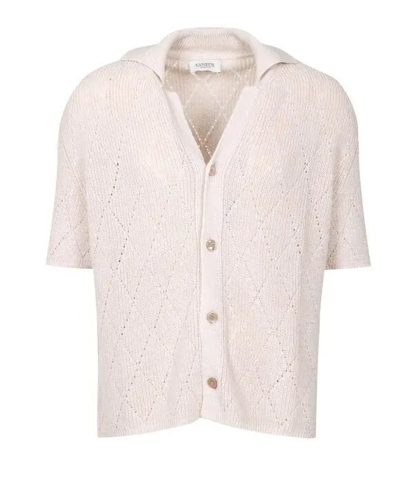 LANEUS Cotton Openwork Diamond Knit V-neck Short Sleeve Sweater - Beige