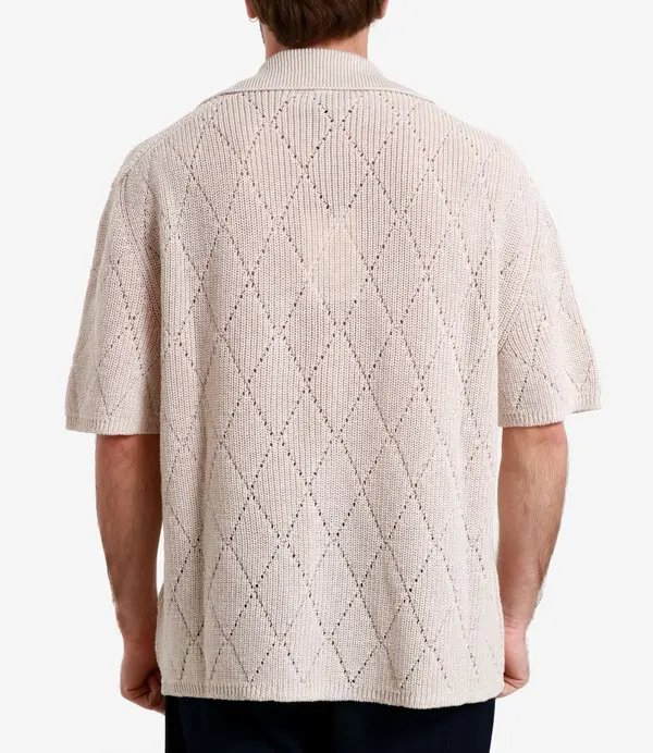 LANEUS Cotton Openwork Diamond Knit V-neck Short Sleeve Sweater - Beige