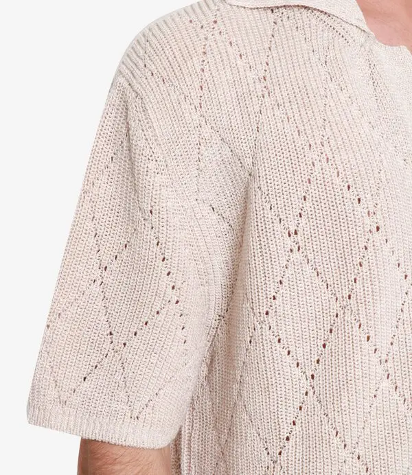 LANEUS Cotton Openwork Diamond Knit V-neck Short Sleeve Sweater - Beige