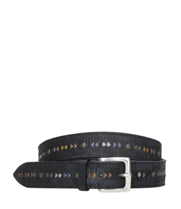 ORTIGNI Brushed Leather Belt With Engraved Detail And Colorful Embroidery - Blue