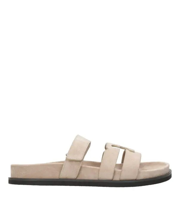 Tory Burch Suede Slide Sandals With Double-t Inlay - Rock