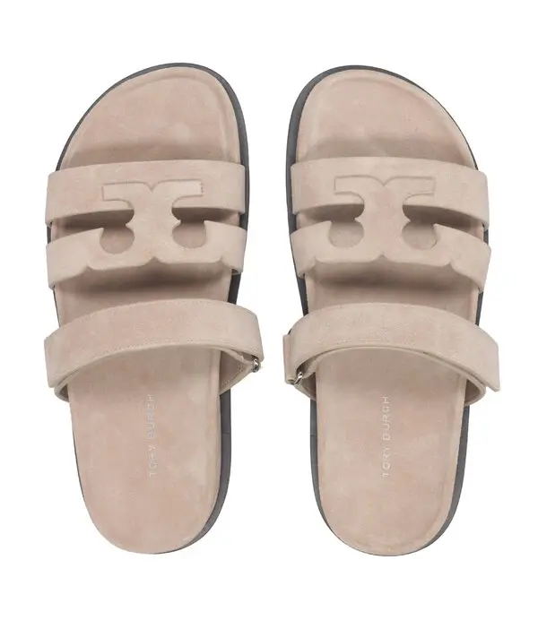 Tory Burch Suede Slide Sandals With Double-t Inlay - Rock