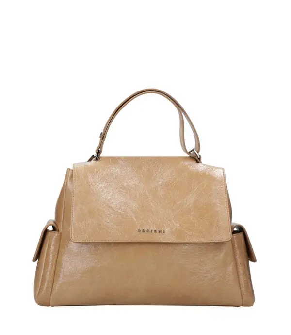 ORTIGNI Hammered Leather Satchel With Glossy Finish - Beige