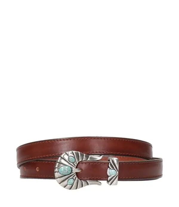 ORTIGNI Brushed Crushed Leather Belt With Studded Details And Turquoise Accents - Bruciato