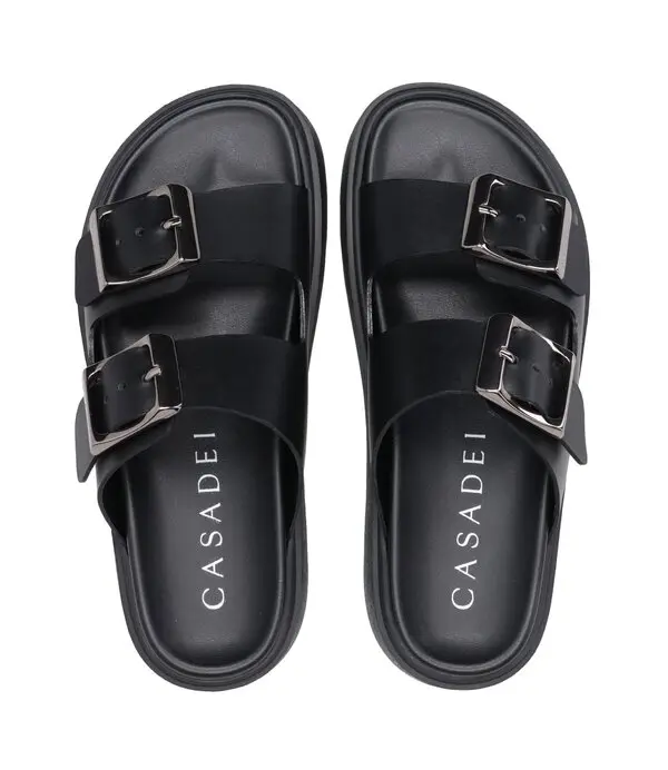 Casadei Leather Platform Sandals With Double Buckle Detail - Nero