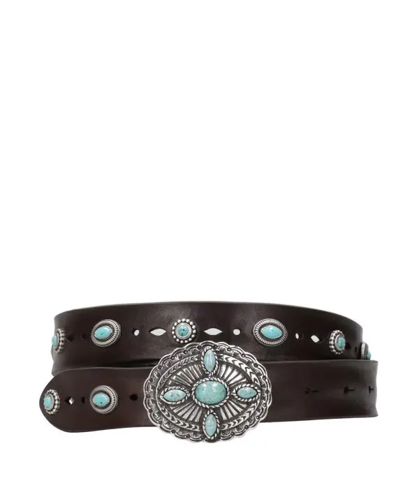 ORTIGNI Leather Belt With Turquoise Studs And Engraved Buckle - Moro