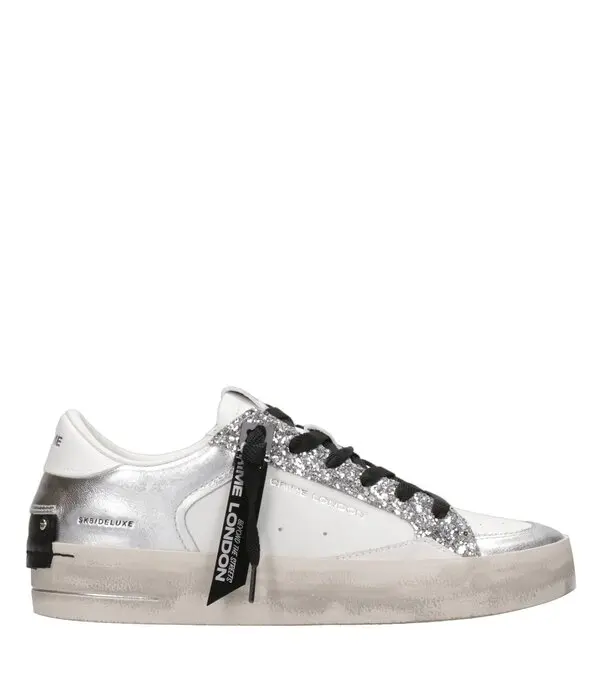 CRIME LONDON Distressed Leather Sneakers With Glitter And Metallic Accents - Bianco+argento