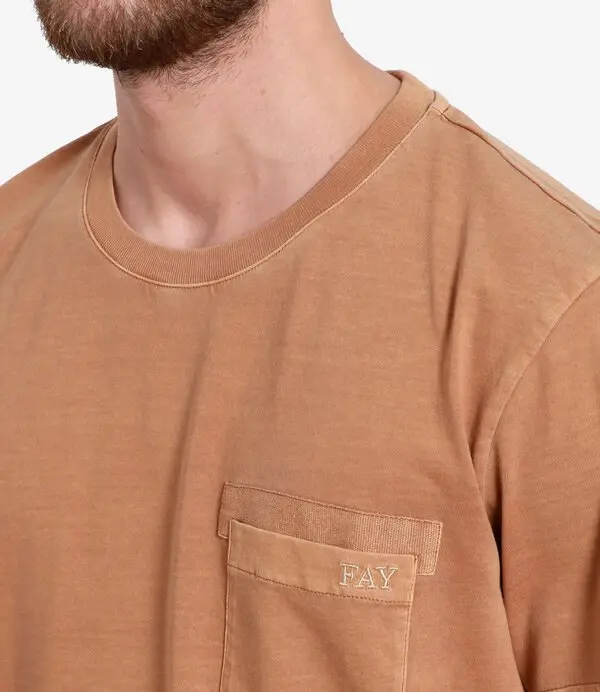 FAY Cotton Crew Neck Short Sleeve T-shirt With Pocket - Camel