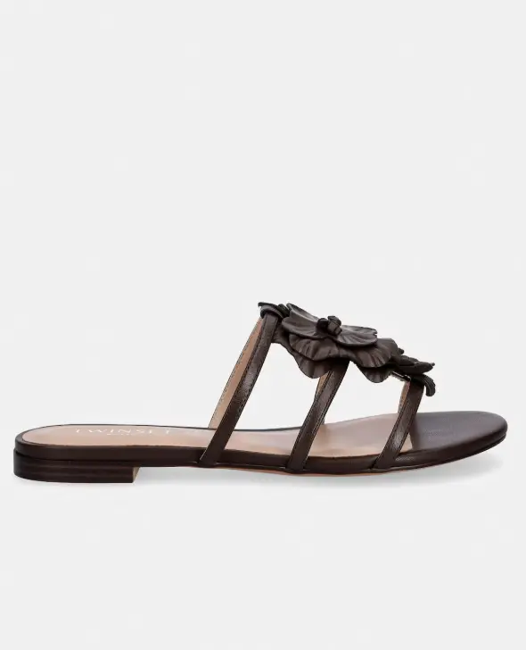 Twin-set Leather Flat Sandals With Floral Embellishment