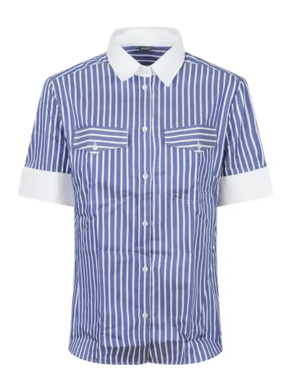 FAY Striped Short Sleeve Shirt With Spread Collar - Blue