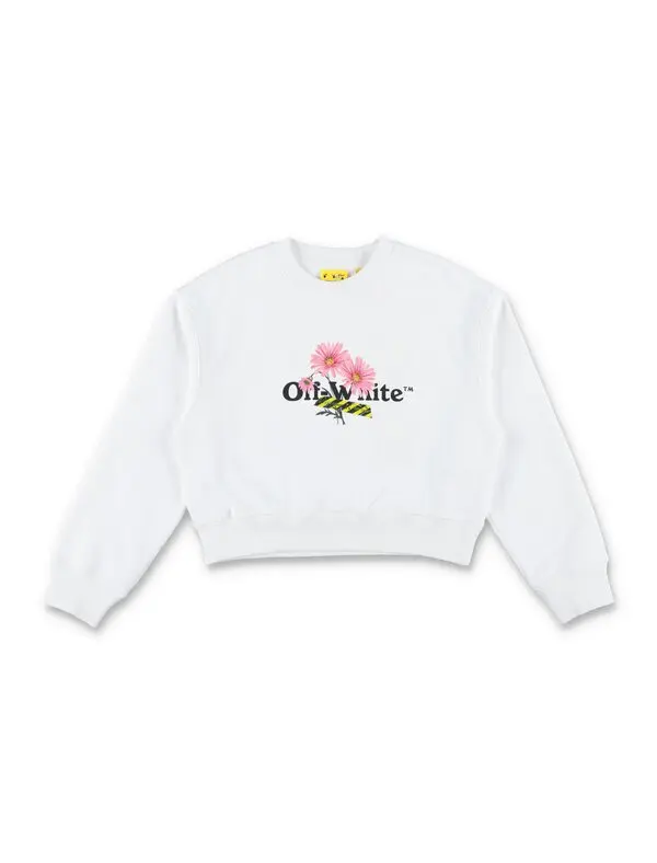 Off-White Cropped Cotton Sweatshirt With Floral Logo Print - White
