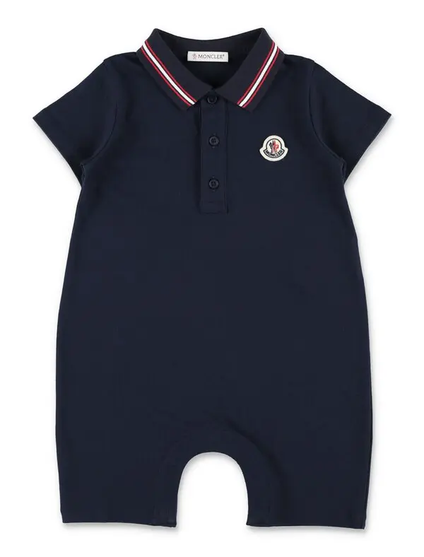 Moncler Stretch Cotton Piqué Baby Romper With Tricolour Trim