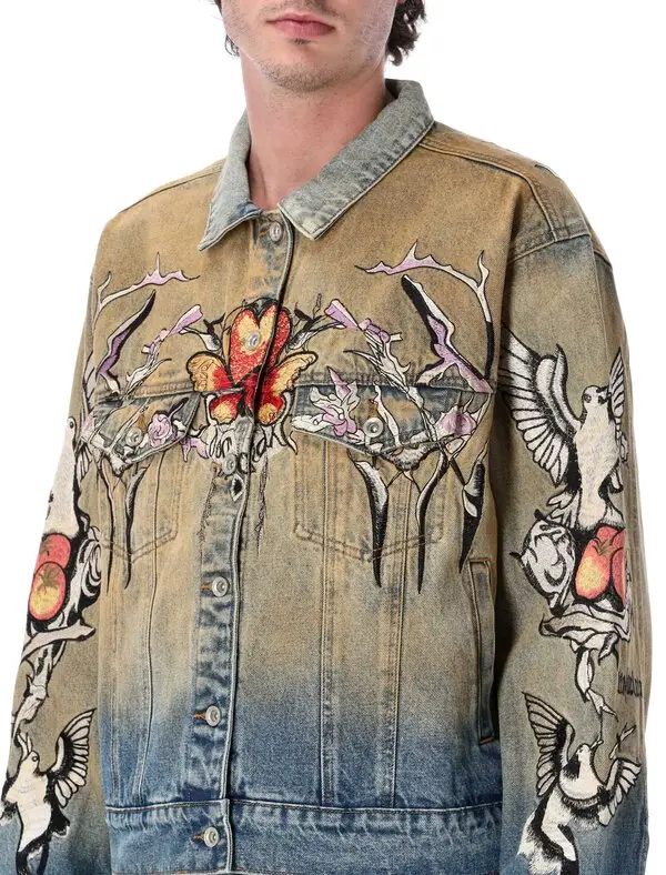 WHO DECIDES WAR Embroidered Gradient Denim Trucker Jacket