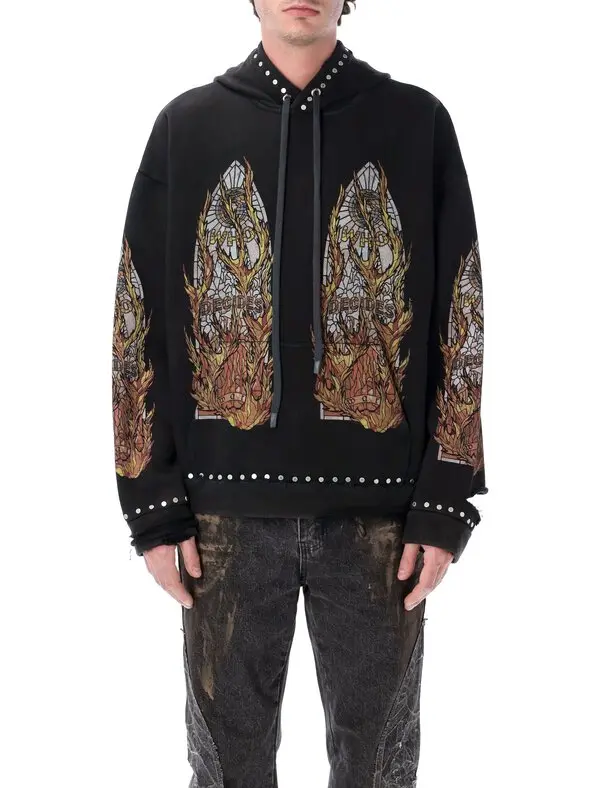 WHO DECIDES WAR Studded Flame Graphic Hoodie - Coal