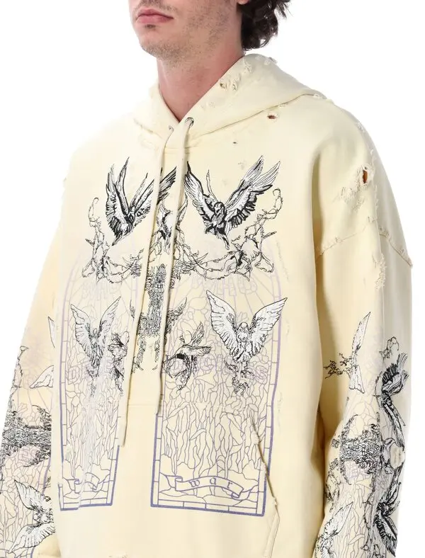 WHO DECIDES WAR Graphic Print Distressed Cotton Hoodie - Cloud