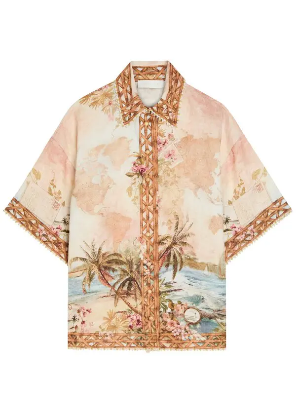 Zimmermann Mohan Printed Linen Shirt With Crochet Trims - Multicoloured