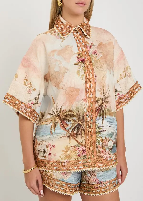 Zimmermann Mohan Printed Linen Shirt With Crochet Trims - Multicoloured