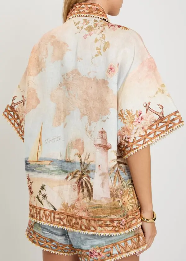 Zimmermann Mohan Printed Linen Shirt With Crochet Trims - Multicoloured