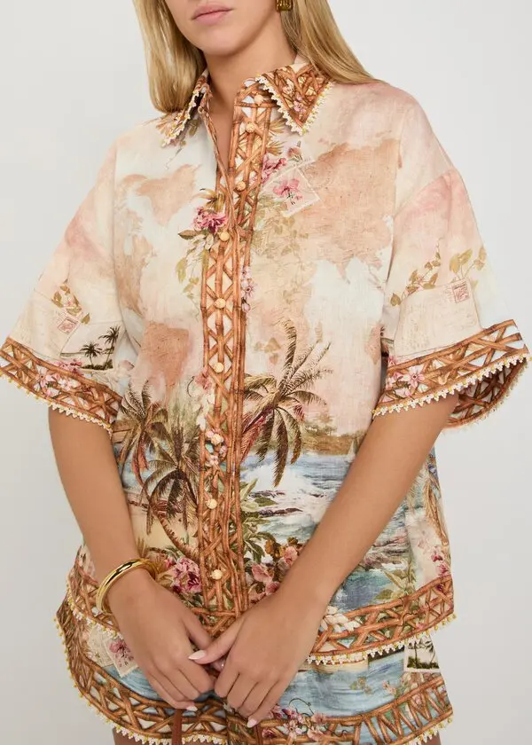 Zimmermann Mohan Printed Linen Shirt With Crochet Trims - Multicoloured