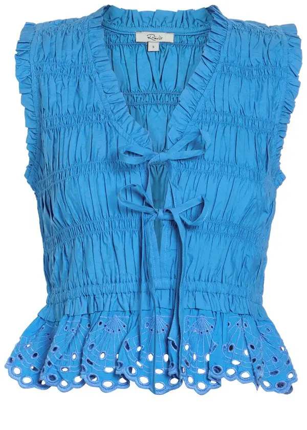 Rails Martine Smocked Cotton-poplin Top With Embroidered Peplum - Blue
