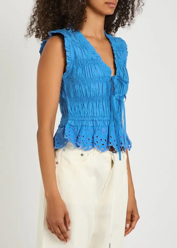 Rails Martine Smocked Cotton-poplin Top With Embroidered Peplum