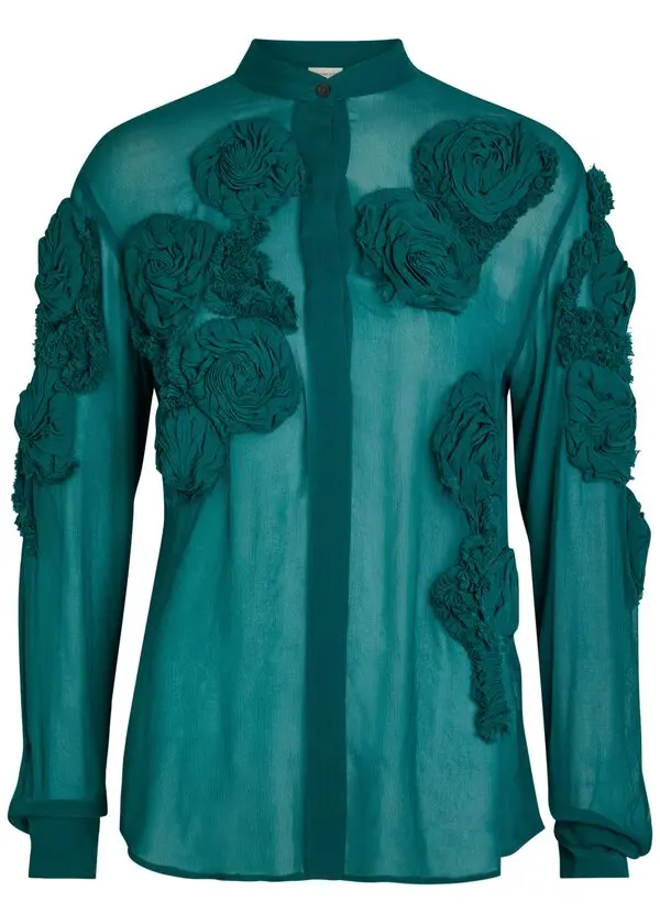 Dries Van Noten Floral Appliqué Chiffon Shirt - Petrol