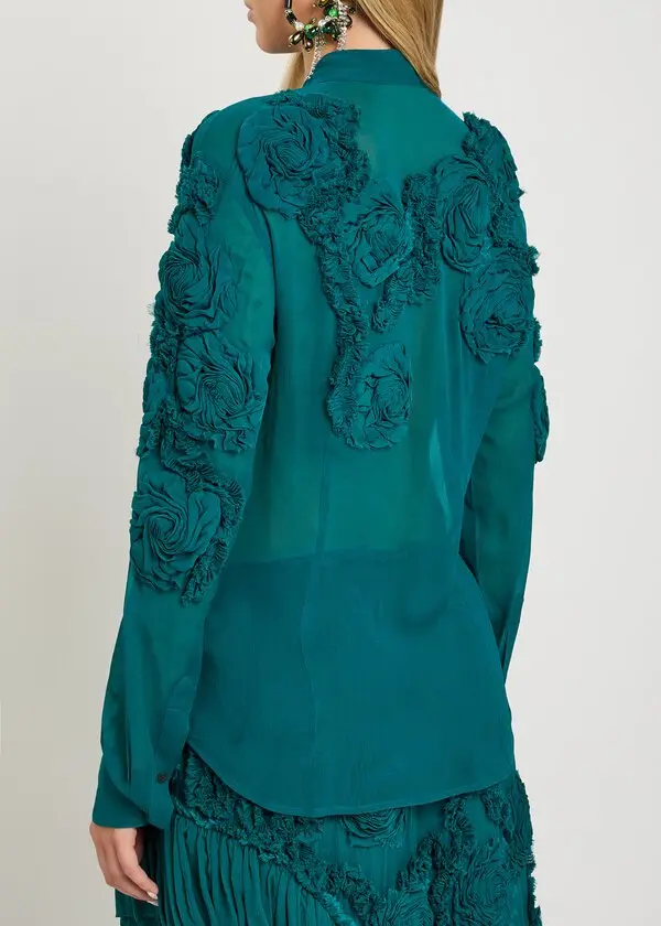 Dries Van Noten Floral Appliqué Chiffon Shirt - Petrol