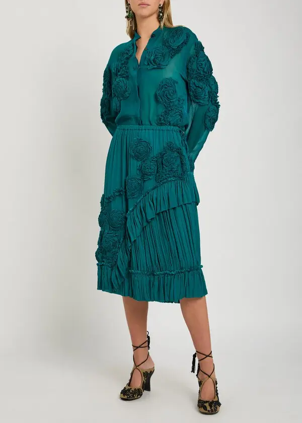 Dries Van Noten Floral Appliqué Chiffon Shirt - Petrol