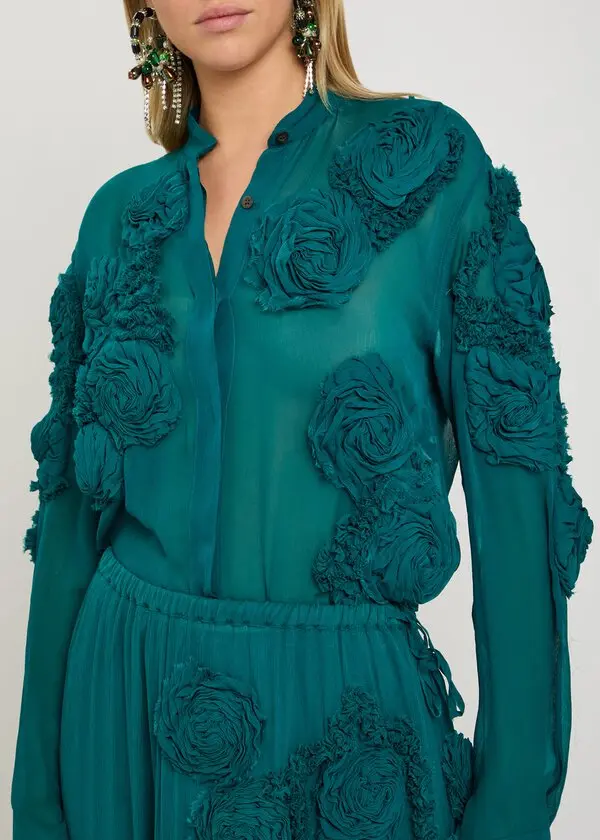 Dries Van Noten Floral Appliqué Chiffon Shirt - Petrol