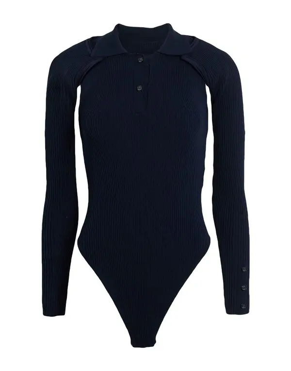 Jacquemus Ribbed Knit Bodysuit With Buttoned Neckline - Navy