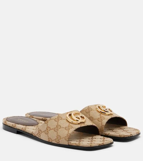 Gucci Double G Gg Canvas Slides - Beige
