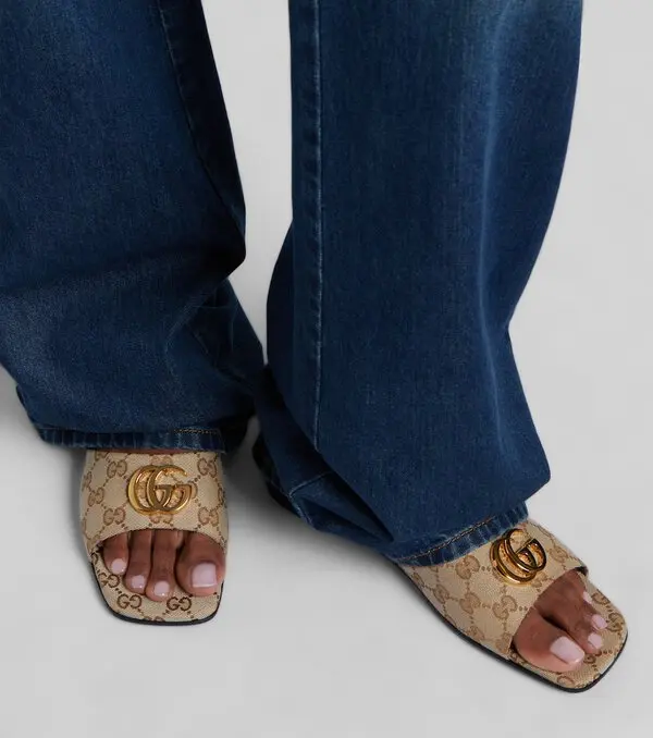 Gucci Double G Gg Canvas Slides - Beige