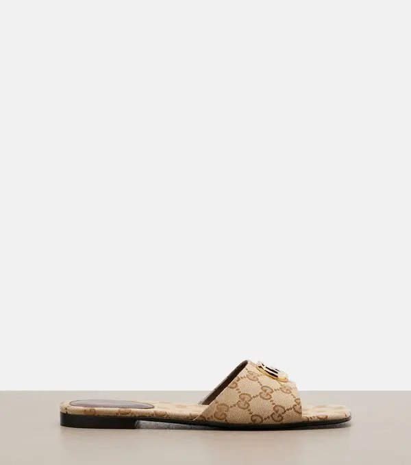 Gucci Double G Gg Canvas Slides - Beige