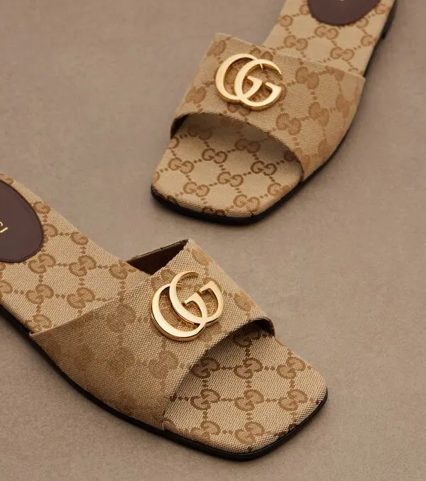 Gucci Double G Gg Canvas Slides - Beige